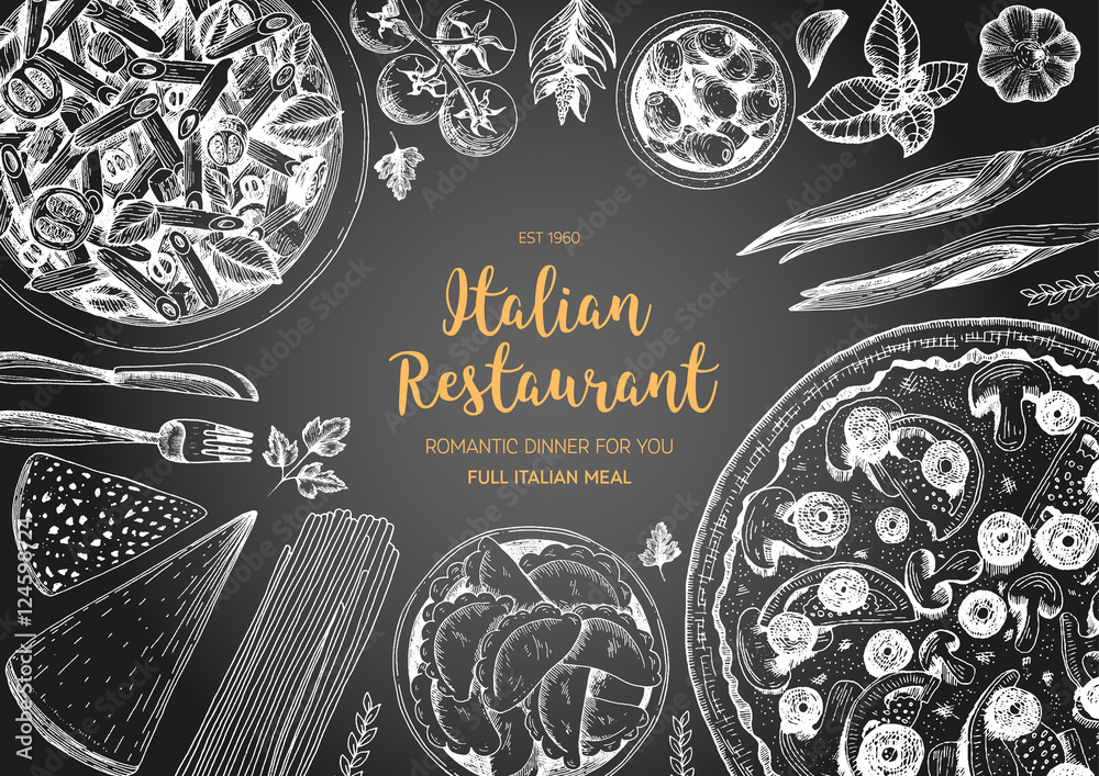 Italian cuisine top view chalkboard frame. Italian food menu design ...