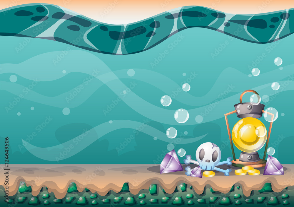 cartoon vector underwater treasure background with separated layers for ...