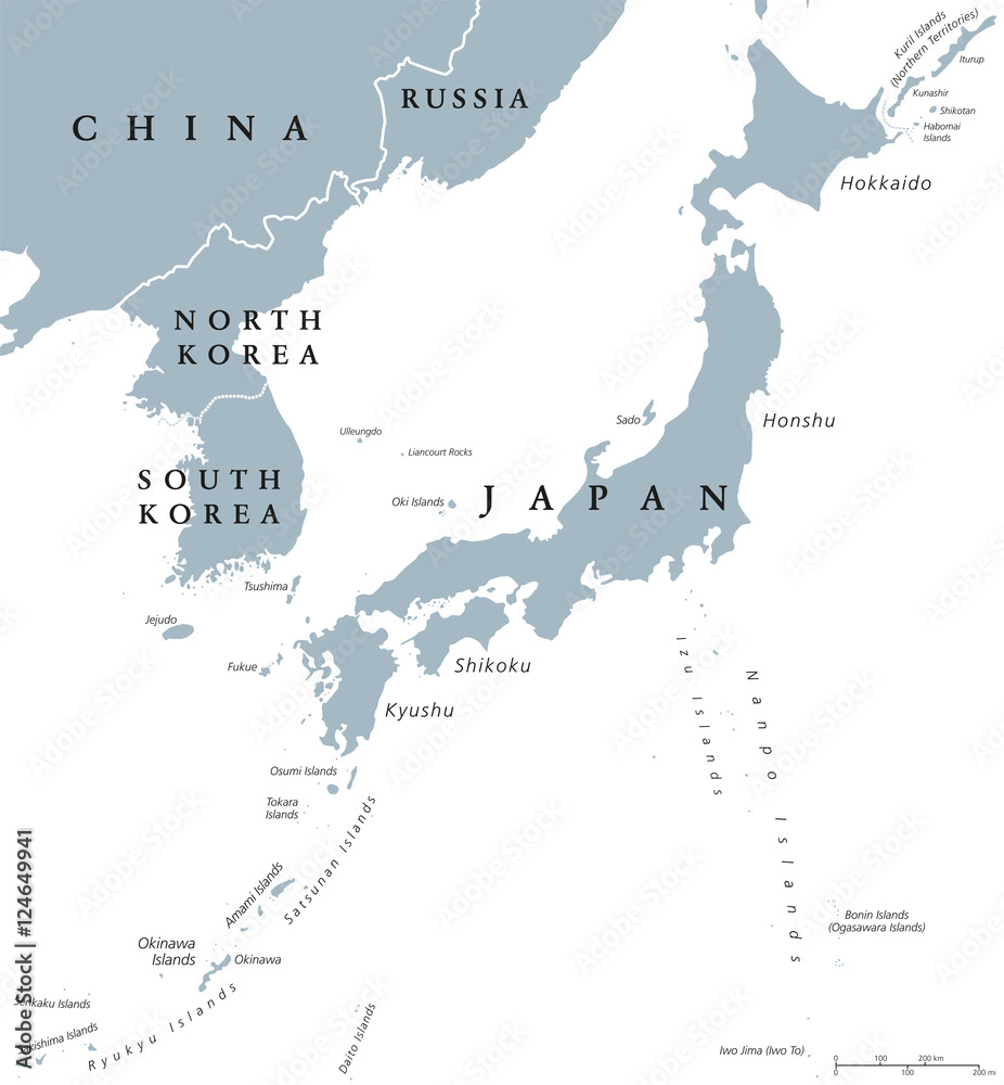 Korean peninsula and Japan countries political map with national ...
