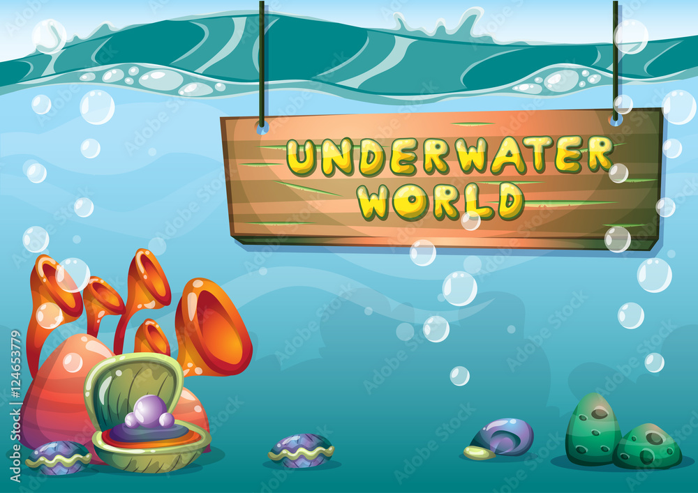 cartoon vector underwater background with separated layers for game art ...