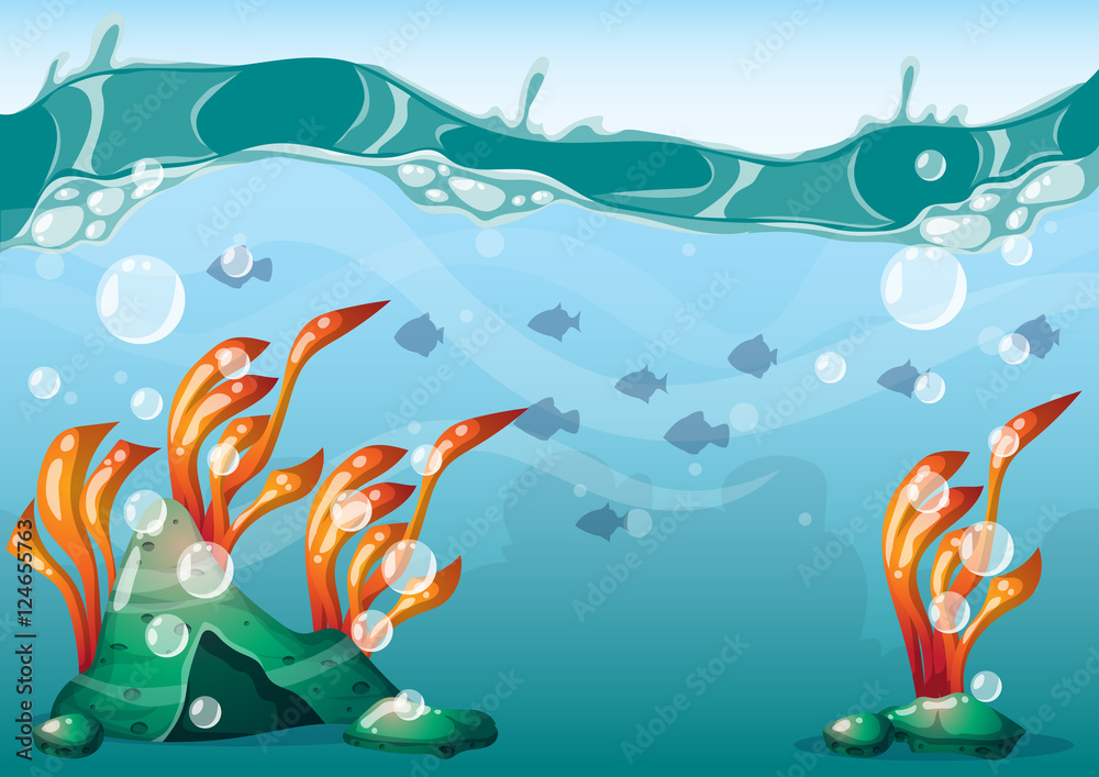 cartoon vector underwater background with separated layers for game art ...