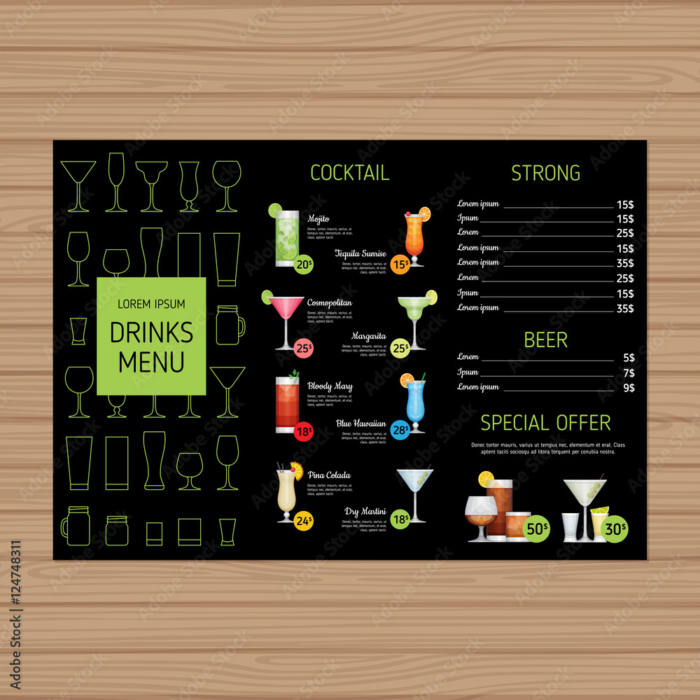 Cocktail menu design. Alcohol drinks tri-fold leaflet layout template ...