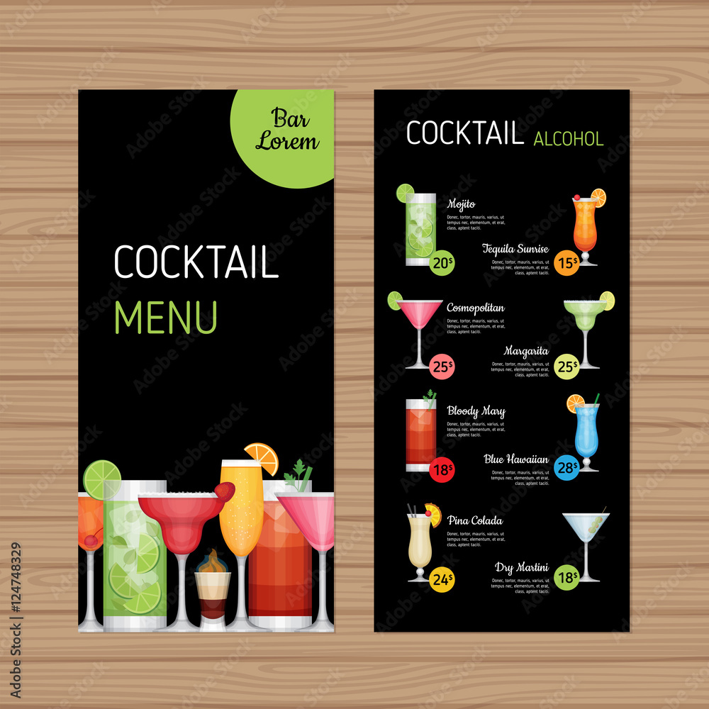 Cocktail menu design. Alcohol drinks leaflet and flyer layout template ...