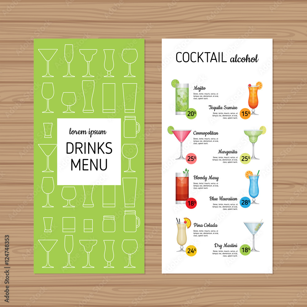 Cocktail menu design. Alcohol drinks leaflet and flyer layout template ...