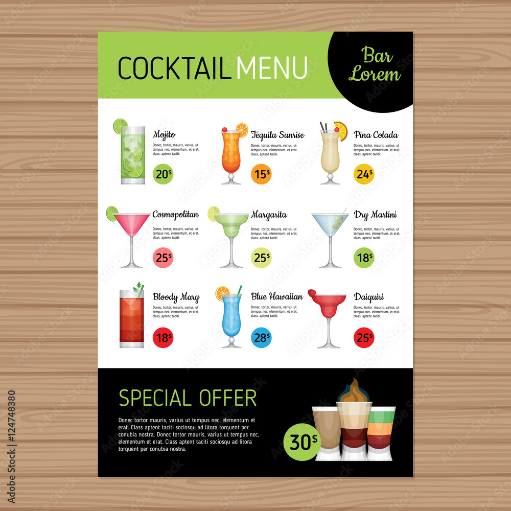 Cocktail menu design. Alcohol drinks. A4 size and flyer layout template ...