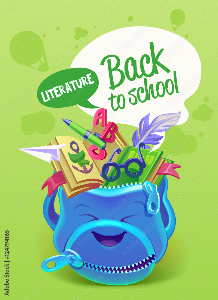 Colorful backpack with school subjects. Poster Design in Colorfu Stock ...