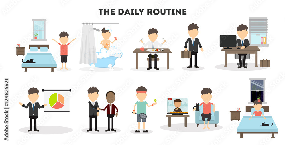 Businessman daily routine. Life schedule of a businessman from morning ...
