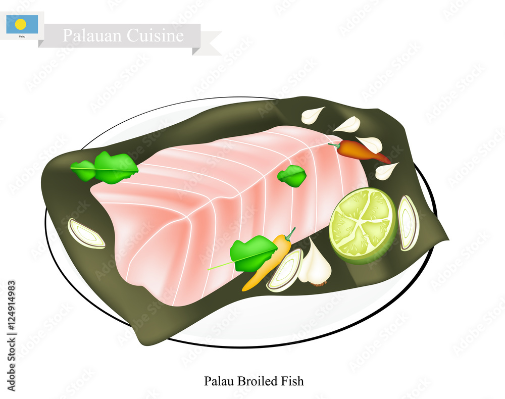 Palauan Cuisine, Illustration of Traditional Broiled Fish Made of Fish ...