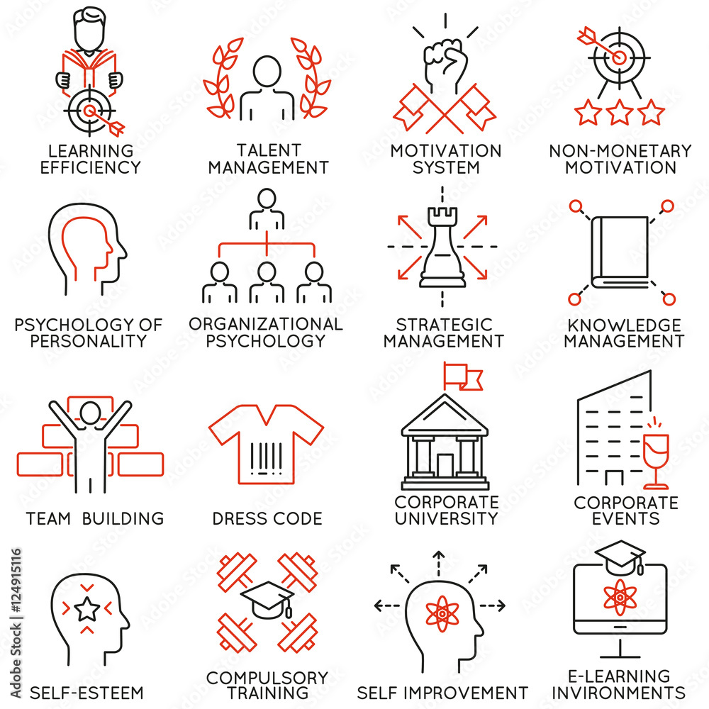 Vector set of 16 linear thin icons related to striving for success ...