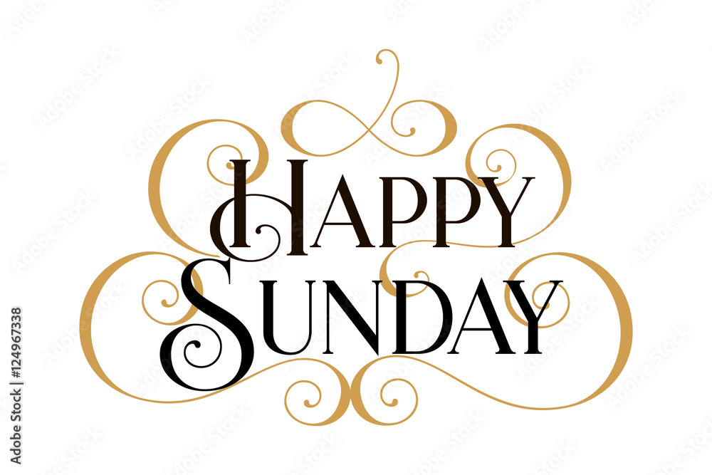 Happy Sunday. Handwritten modern brush black text, gold swirl, white ...