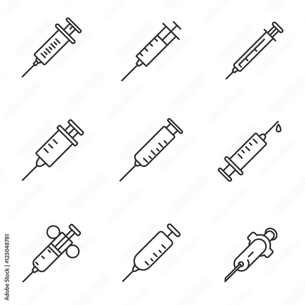 syringe icons set, thin line design. Medical syringes of different ...