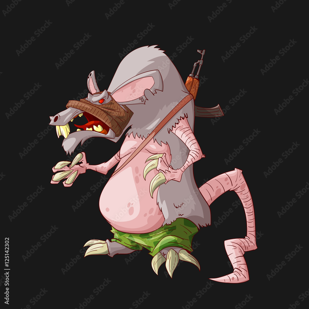 Colorful vector illustration of a cartoon big hairy scary rat terrorist ...