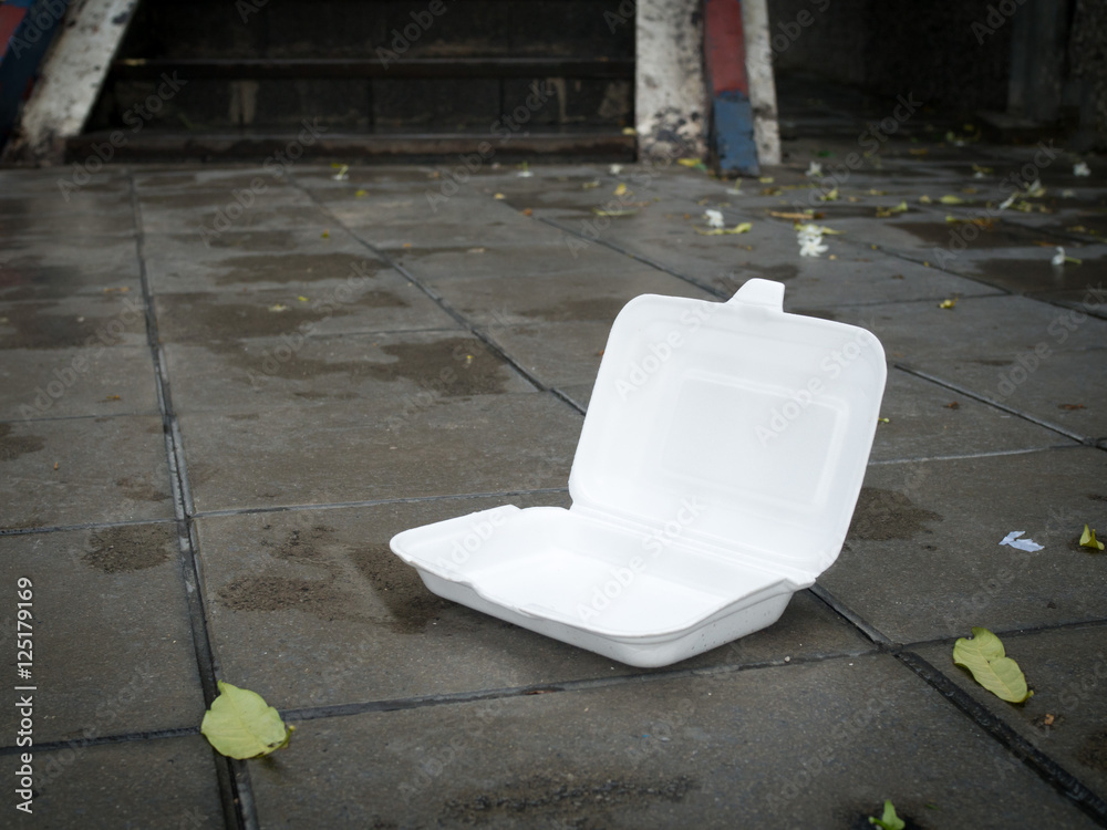 Styrofoam waste on road. Styrofoam waste from foam box for takeaway ...