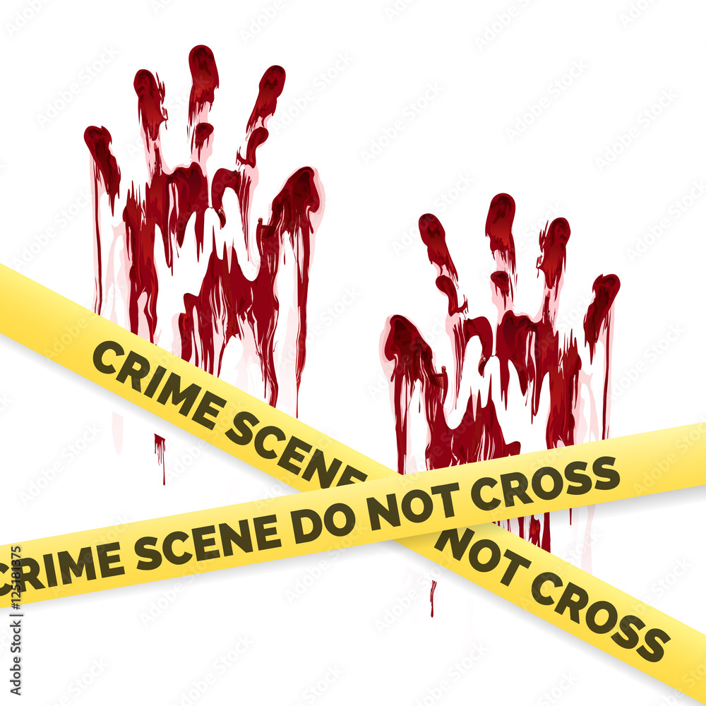 Crime poster with bloody handprints and police crime scene scoth ...