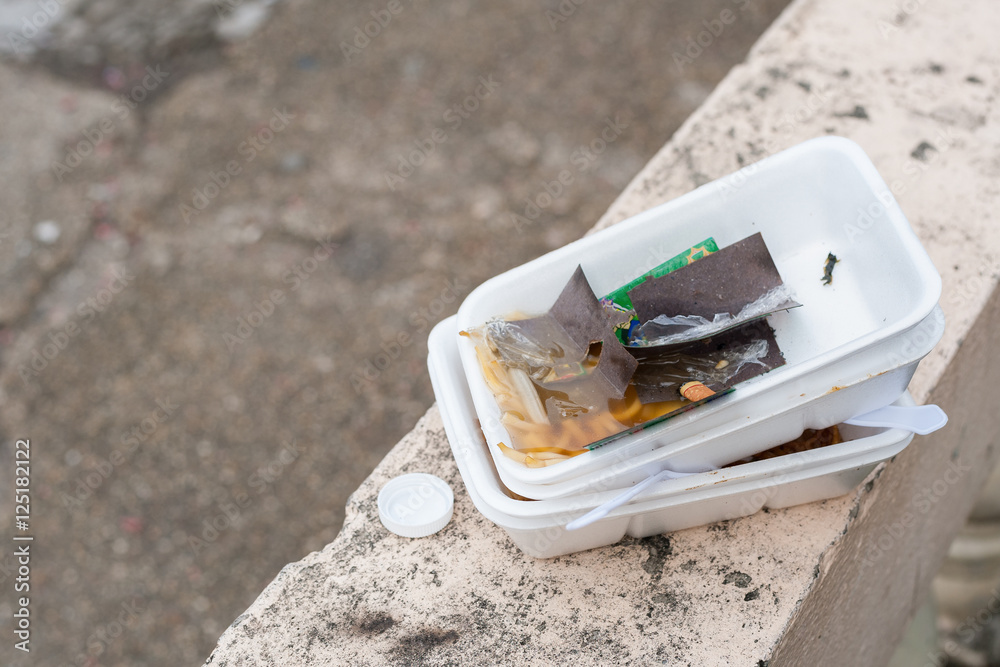 Styrofoam waste on road. Styrofoam waste from foam box for takeaway ...