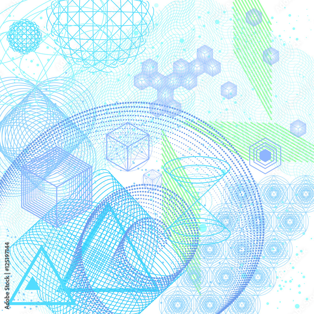 The science and mathematics abstract background with circles, cube ...