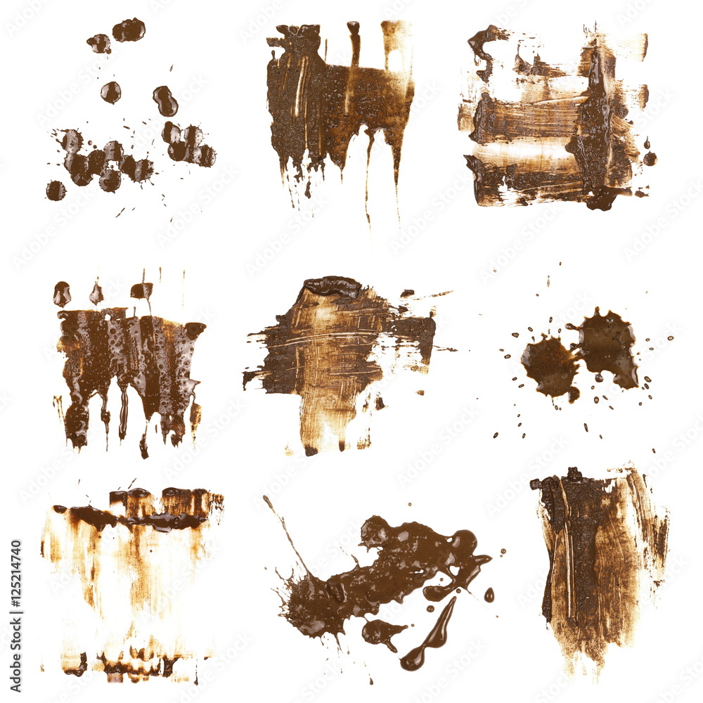 set drops of mud sprayed isolated on white background, collection stain ...