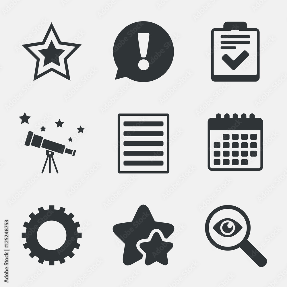 Star and menu list signs. Checklist, gear. Stock Vector | Adobe Stock