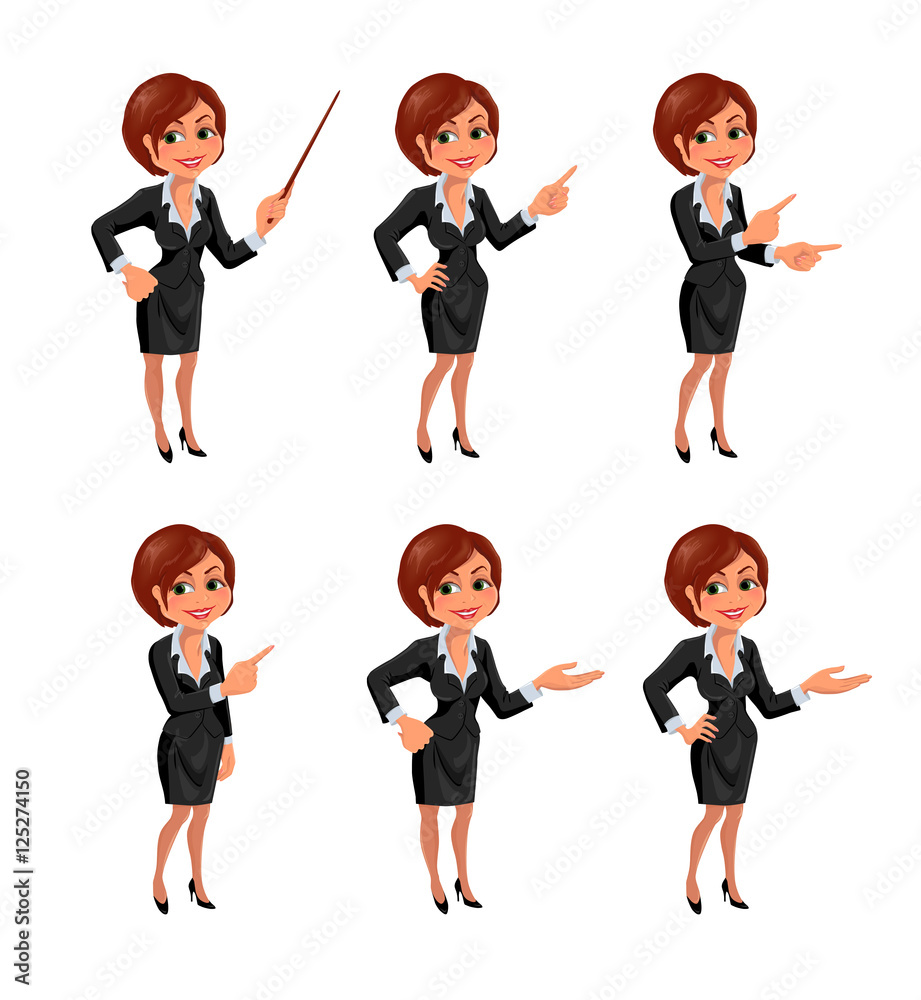 Set of cartoon smiling businesswoman in suit standing in different ...