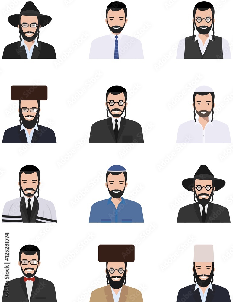 Different jewish people characters avatars icons set in flat style ...