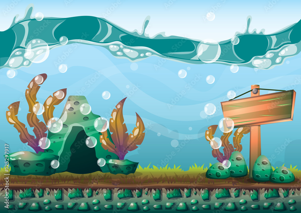 cartoon vector underwater background with separated layers for game art ...