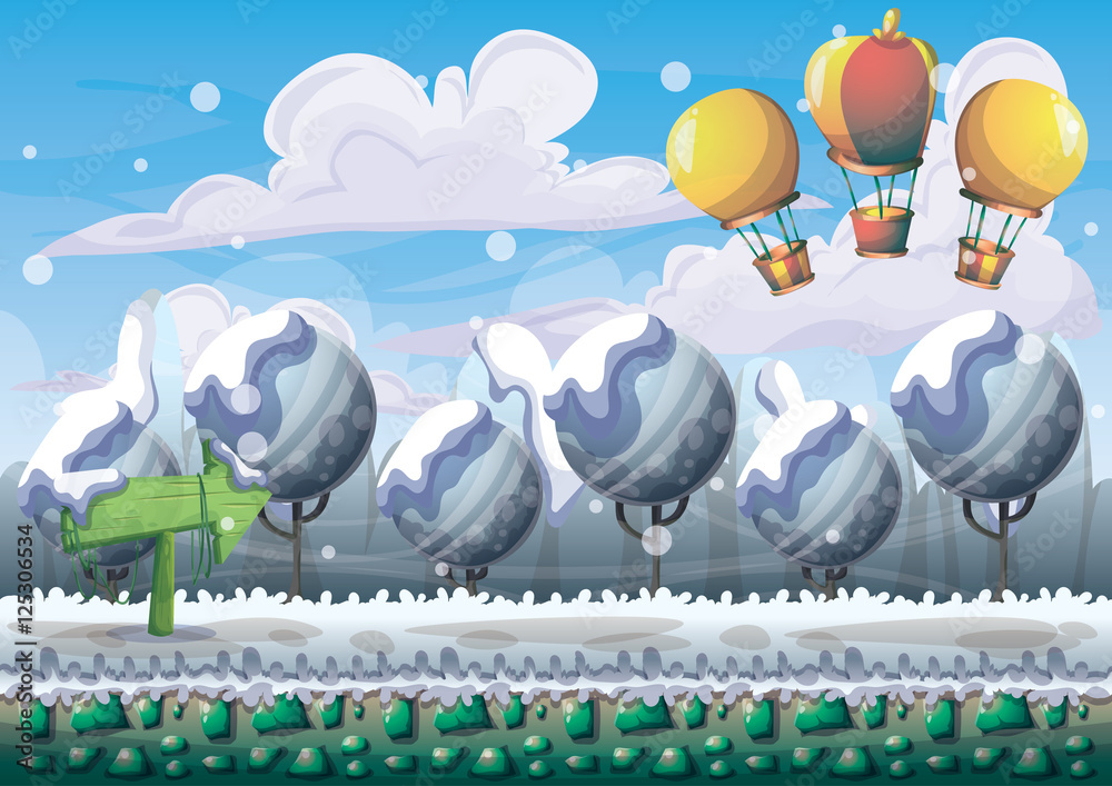 cartoon vector snow landscape background with separated layers for game ...