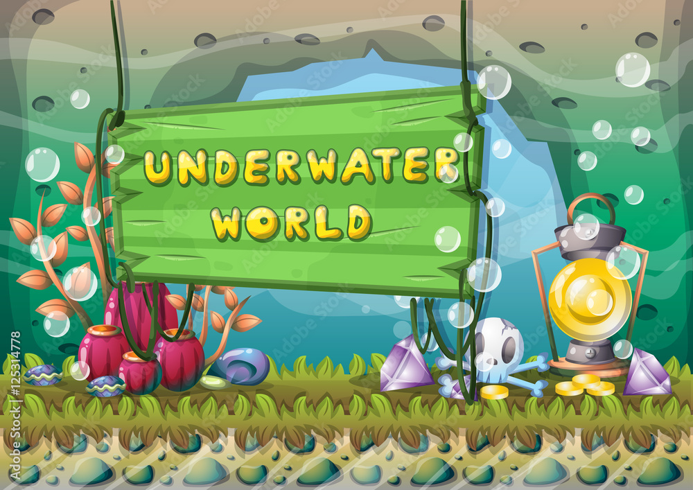 cartoon vector underwater treasure background with separated layers for ...