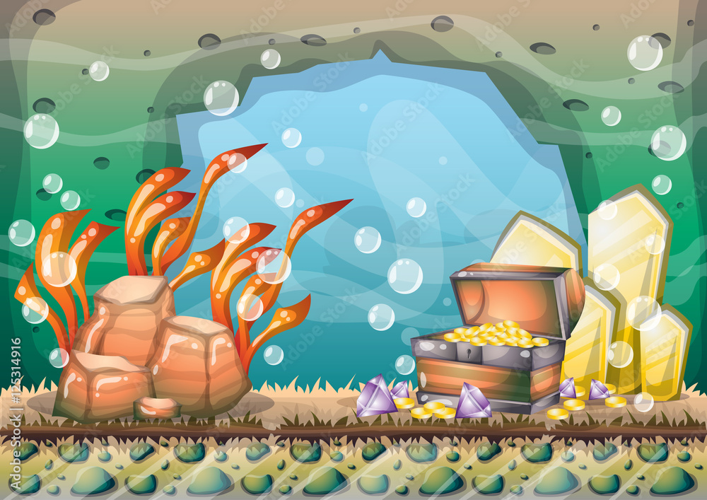 cartoon vector underwater treasure background with separated layers for ...