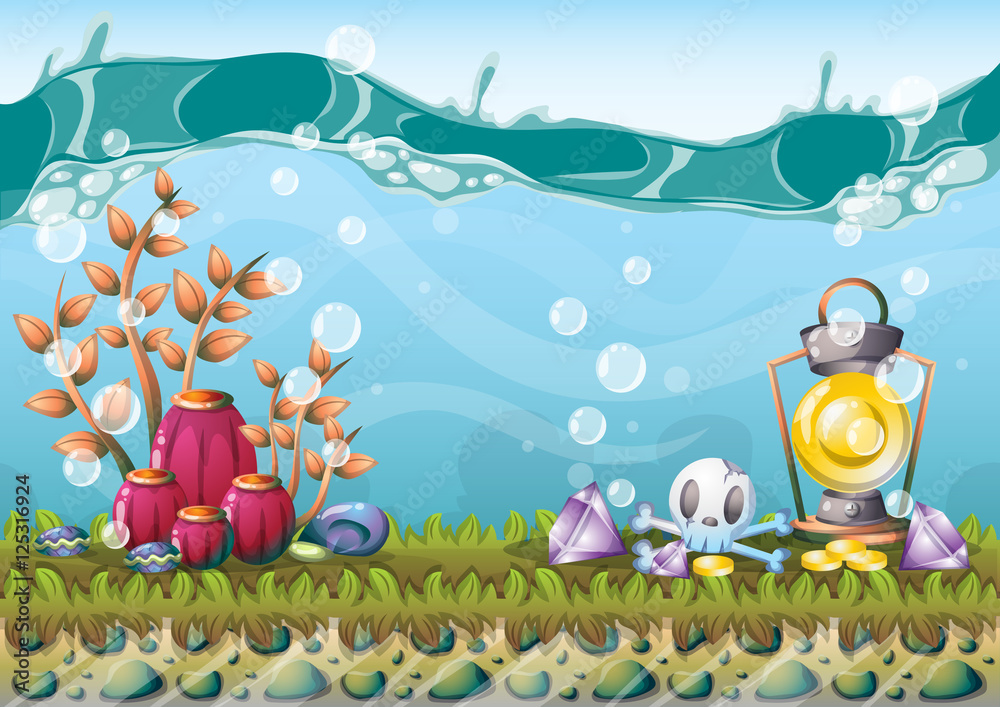 cartoon vector underwater treasure background with separated layers for ...