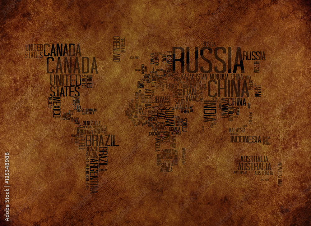 World Map with Countries name Text, Typography World Map on Old Vintage ...