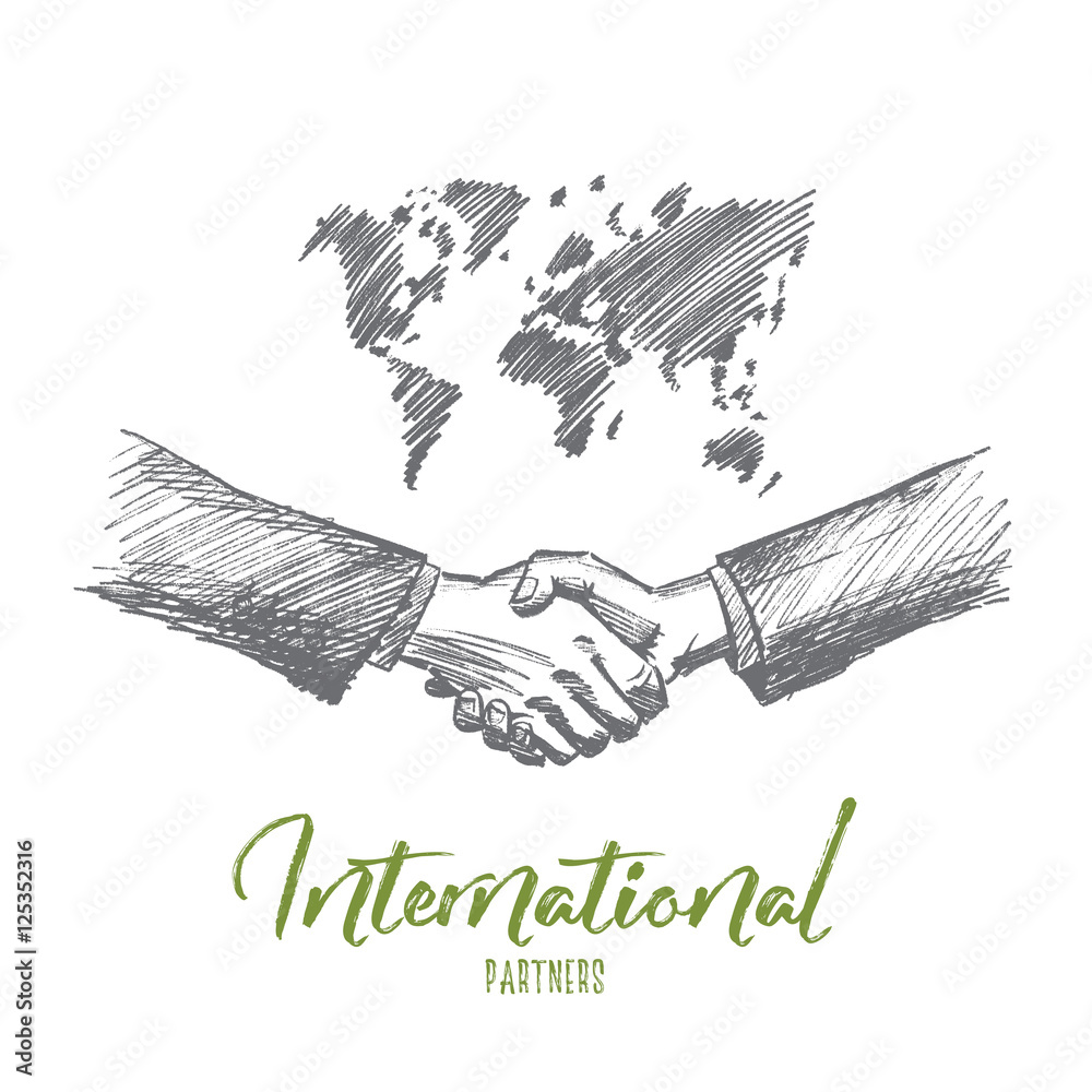 Vector hand drawn international partnership sketch. Handshaking of two ...