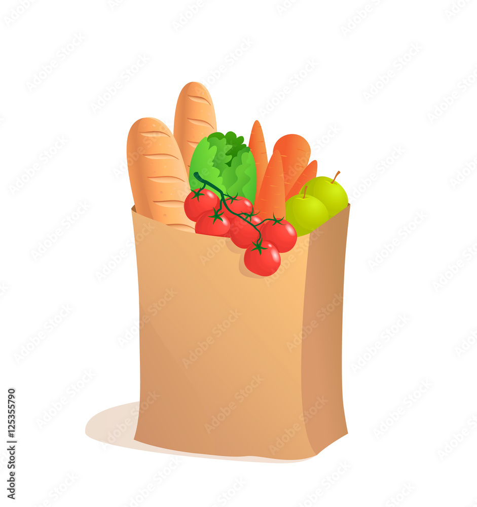 Full paper bag with food. Vector illustration in cartoon style ...