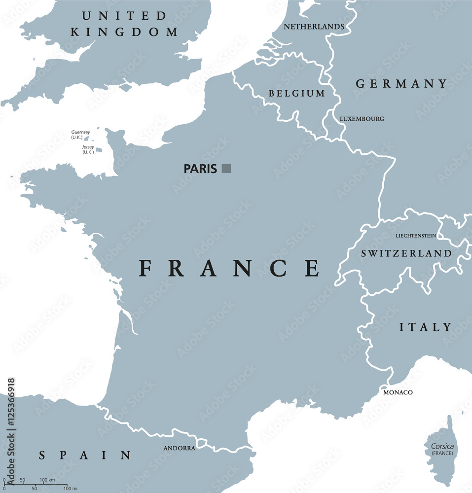 France political map with capital Paris, Corsica, national borders and ...