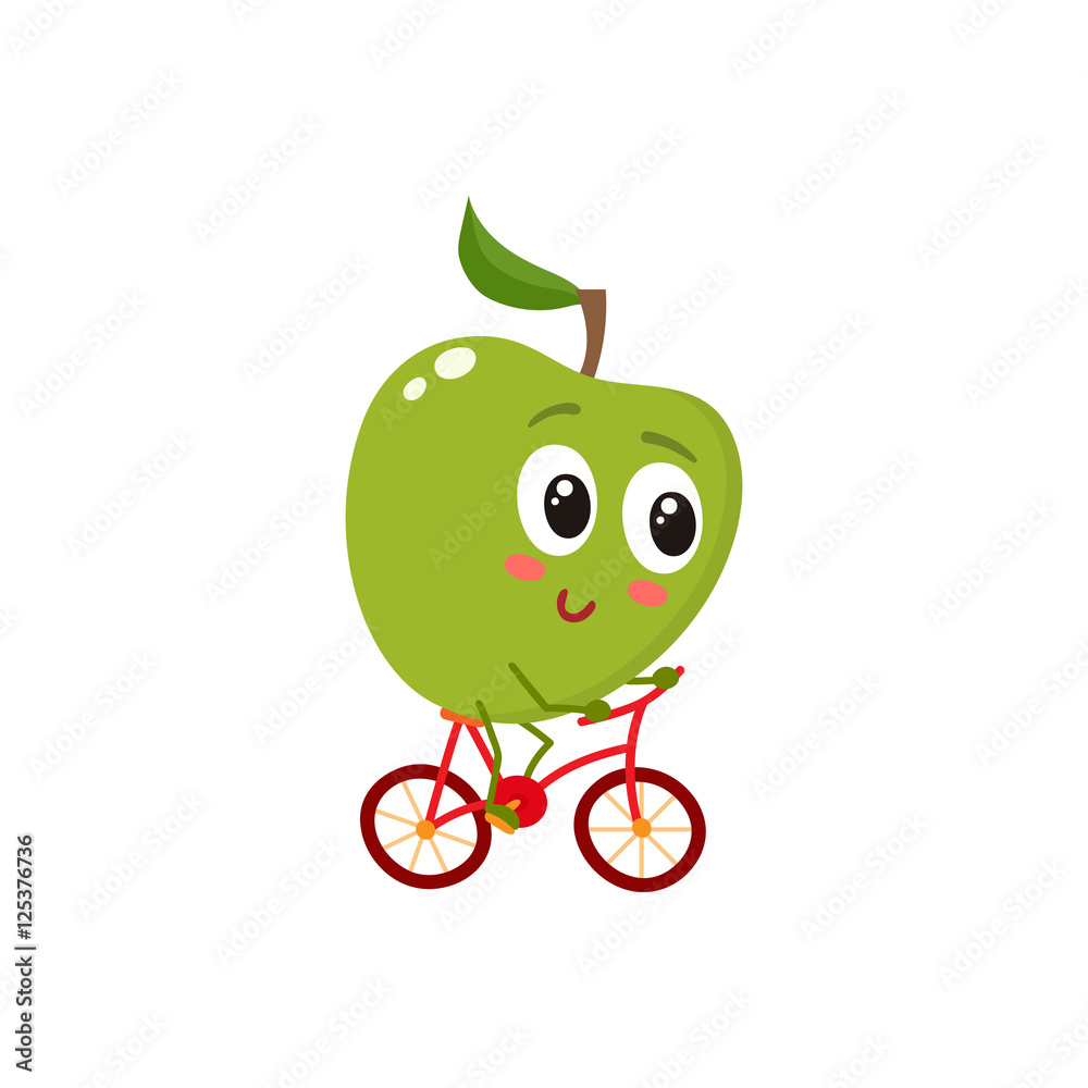 Green cheerful smiling apple riding a bicycle, cartoon vector ...
