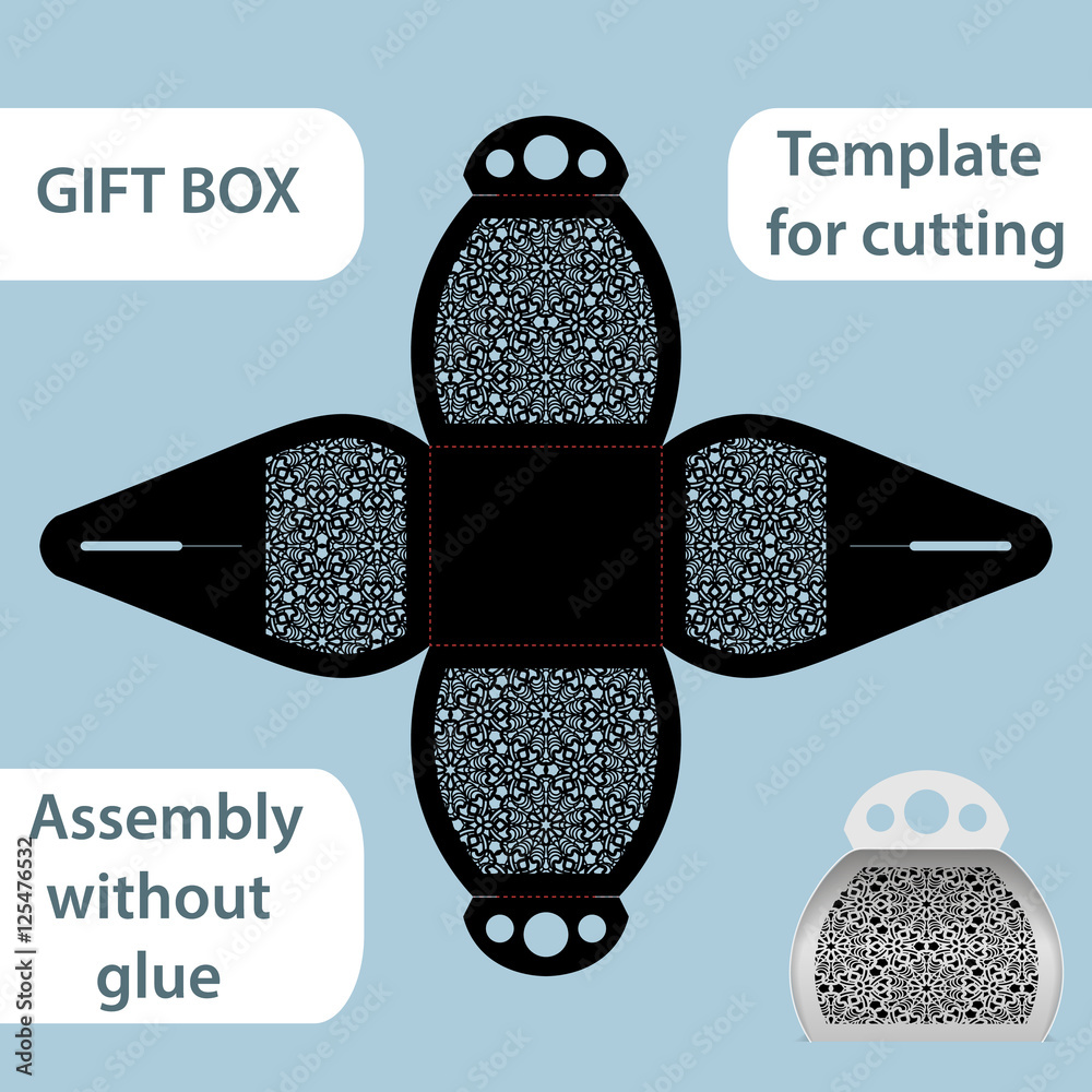 Openwork gift paper box with a handle, lace pattern, assembly without ...
