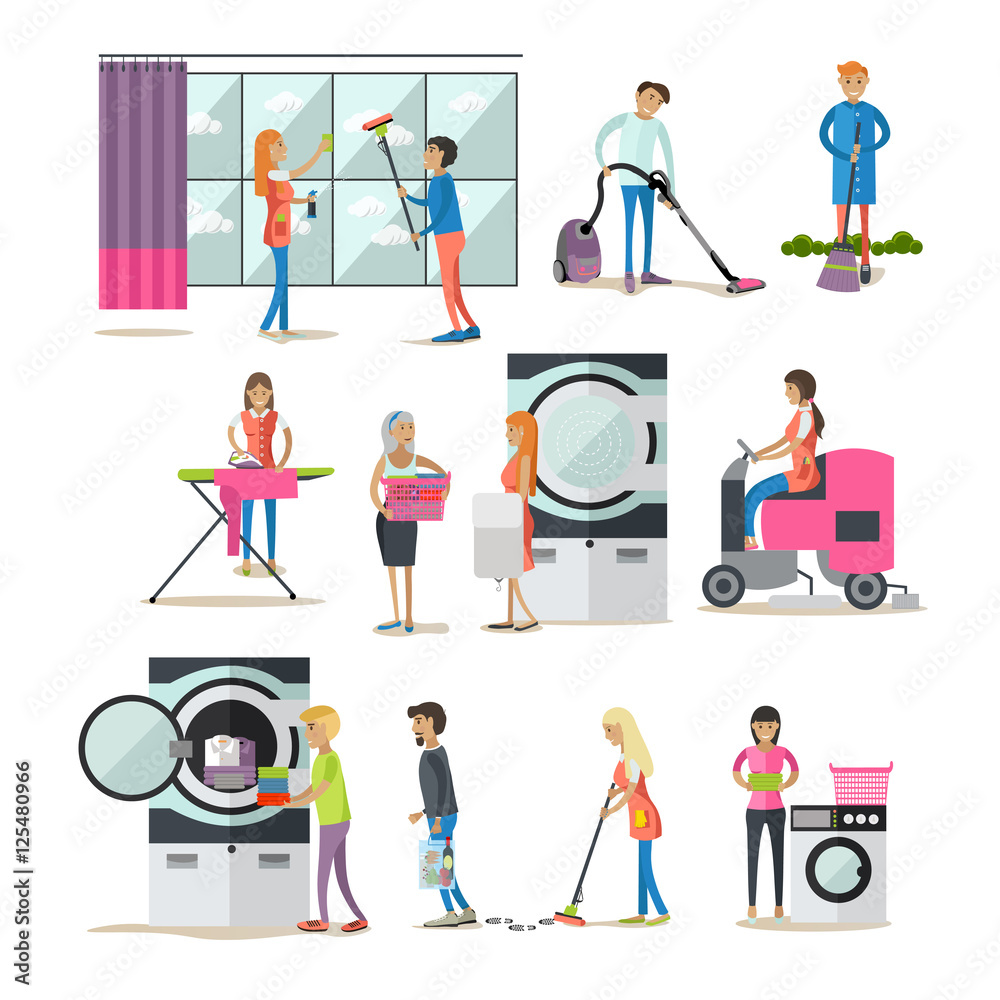 Vector set of cleaning people characters isolated on white background ...