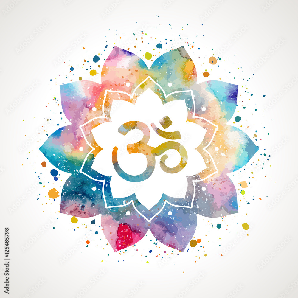 Om sign in lotus flower. Rainbow watercolor texture and splash . Vector ...