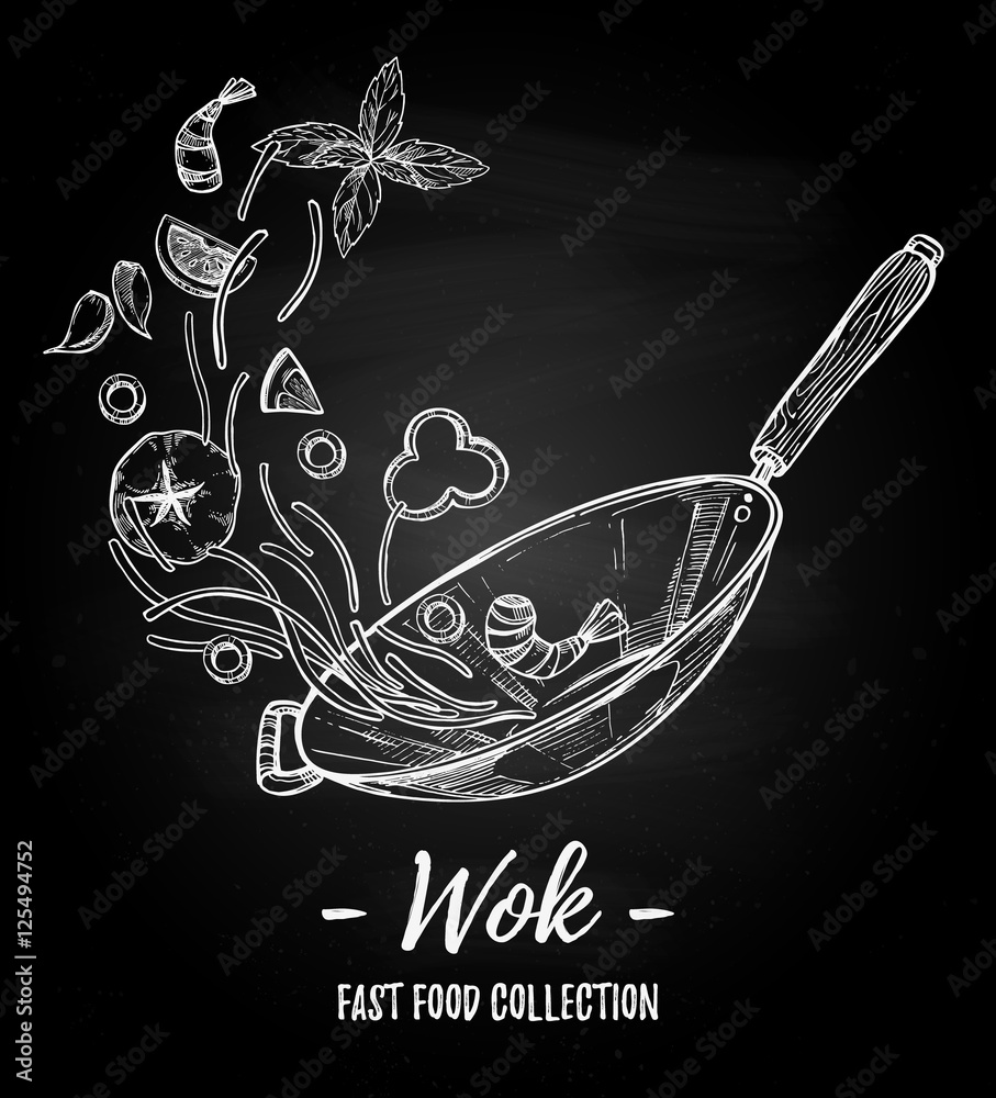 Hand drawn vector illustration - Wok. Wok pan, chinese noodles Stock ...