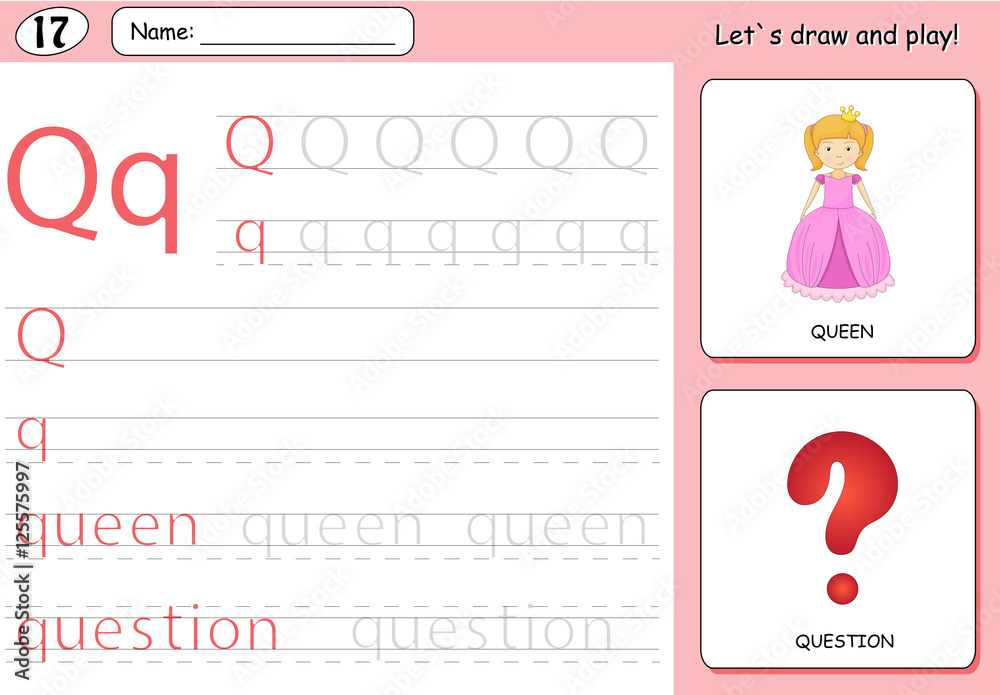 Cartoon queen and question. Alphabet tracing worksheet: writing Stock ...
