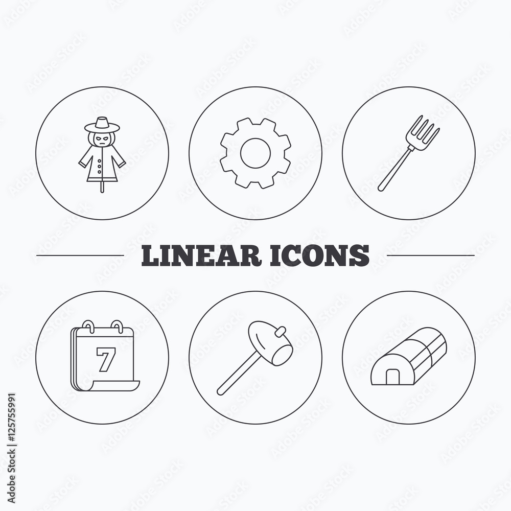 Hammer, hothouse and scarecrow icons. Pitchfork linear sign. Flat ...