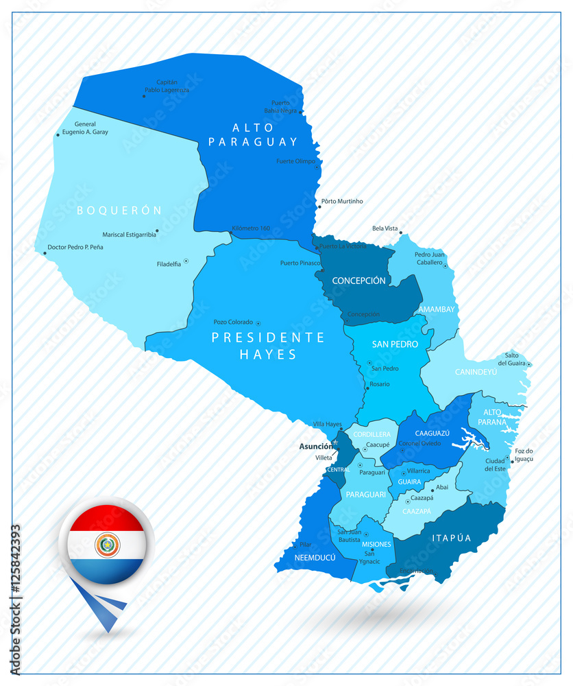 Highly detailed political map of Paraguay in colors of blue Stock ...