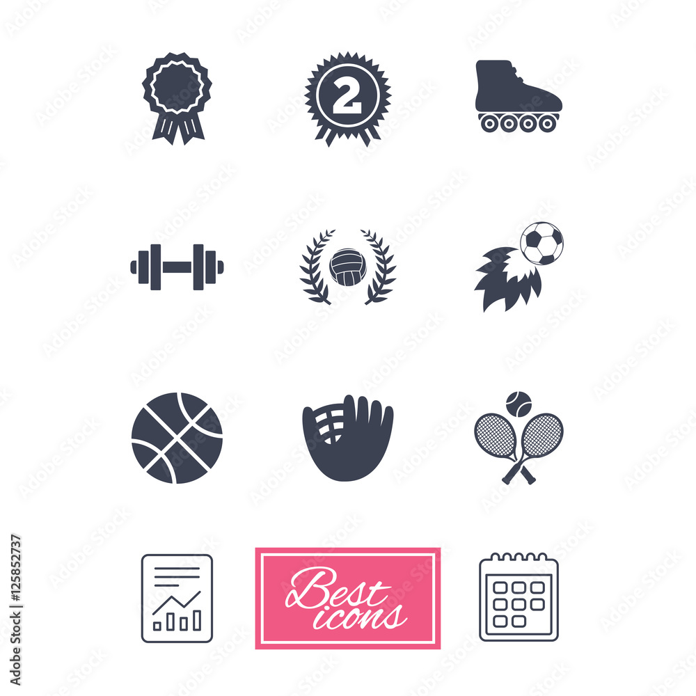 Sport games, fitness icons. Football, basketball and volleyball signs ...