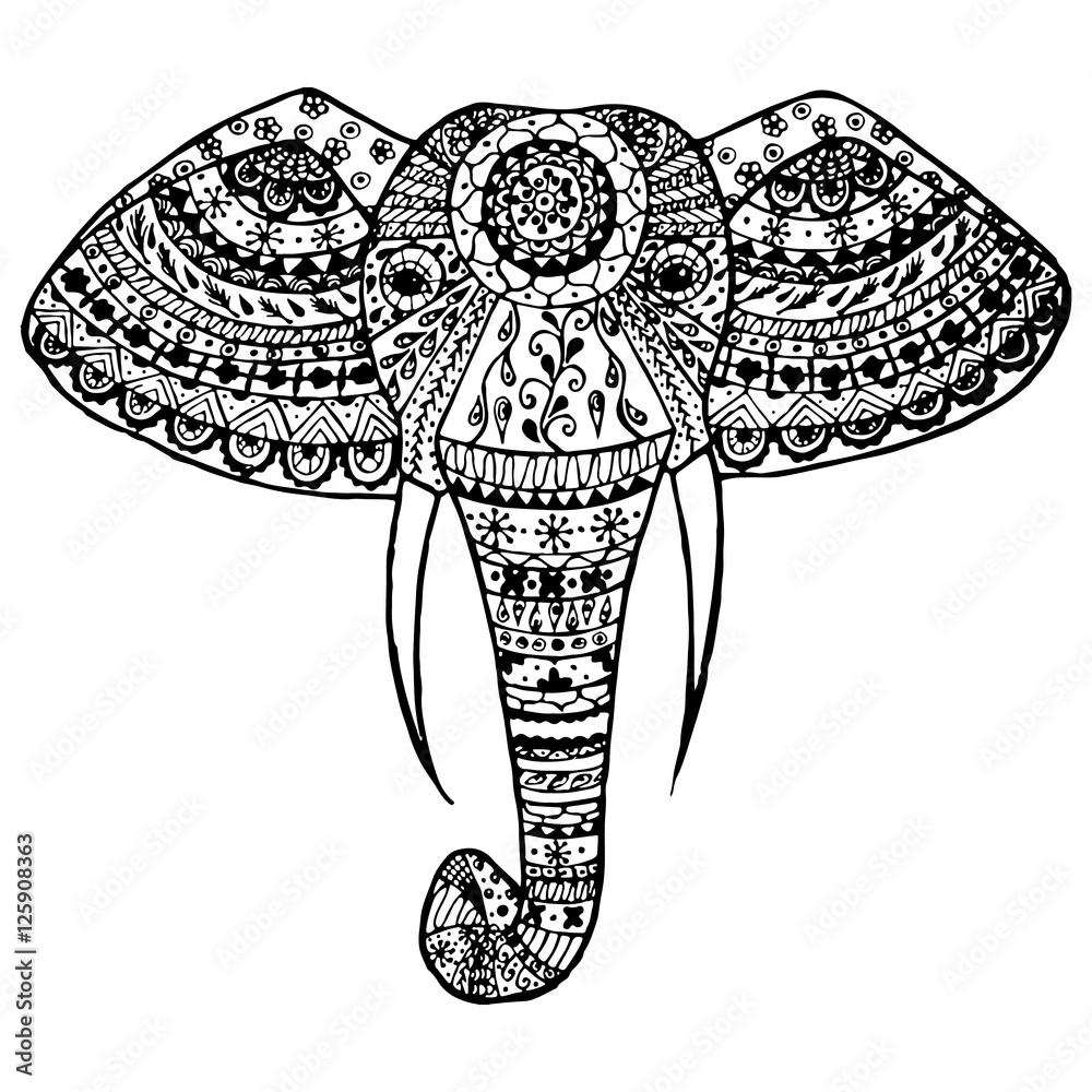 vector illustration hand-drawn black and white Indian elephant head ...