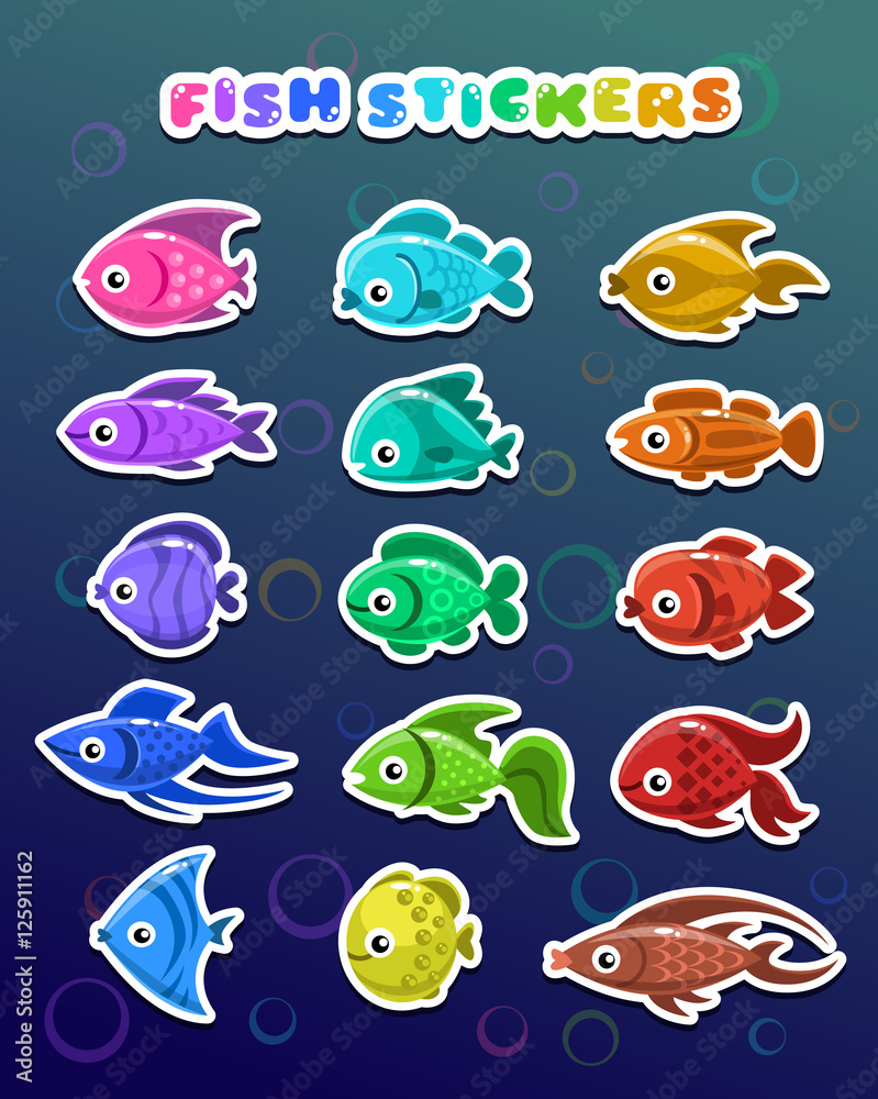 Funny colorful fish stickers Stock Vector | Adobe Stock