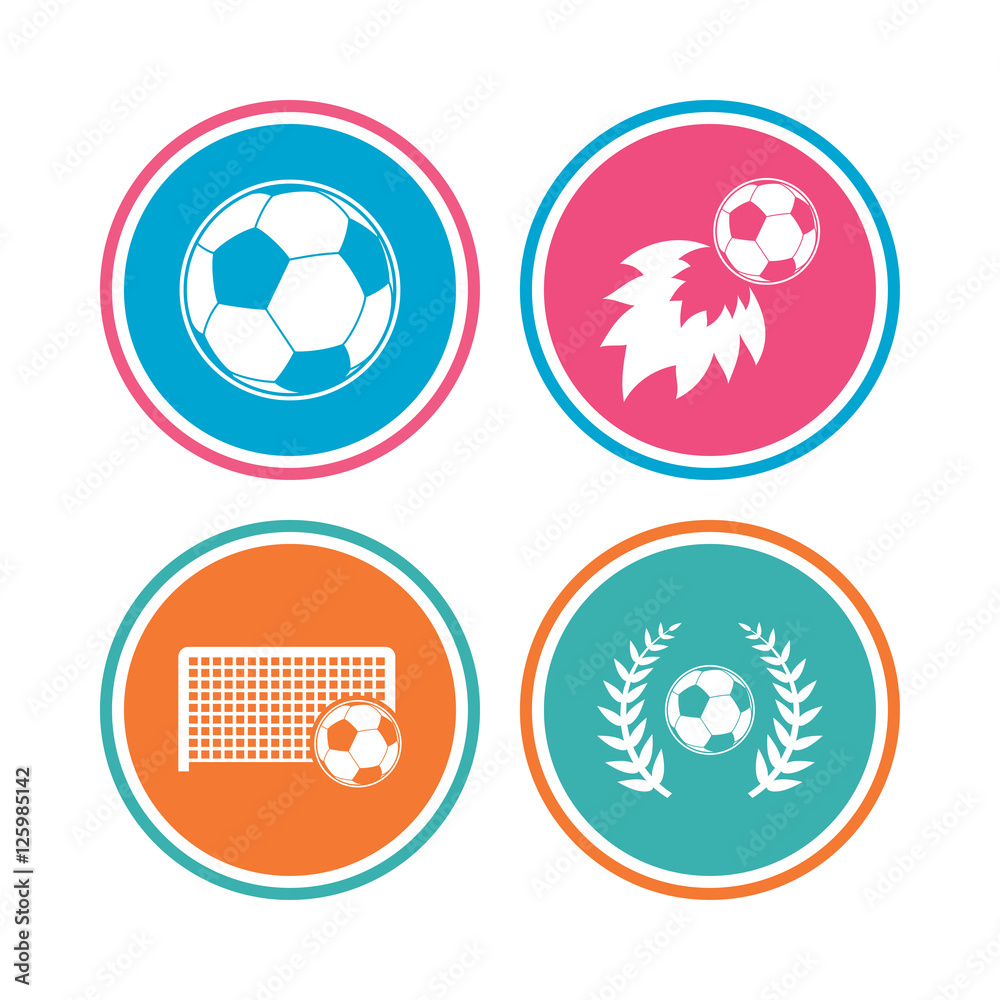 Football icons. Soccer ball sport sign. Goalkeeper gate symbol. Winner ...