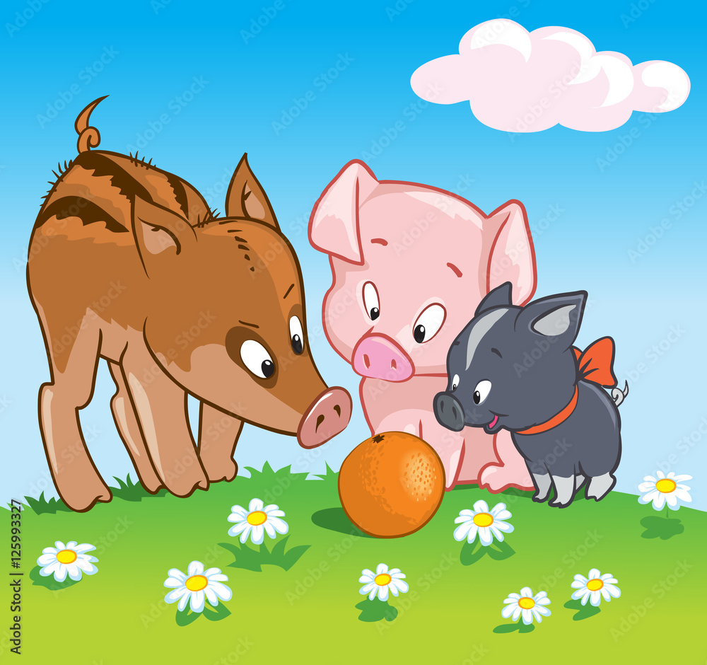 Three little pigs and orange. Cartoon vector illustration Stock Vector ...