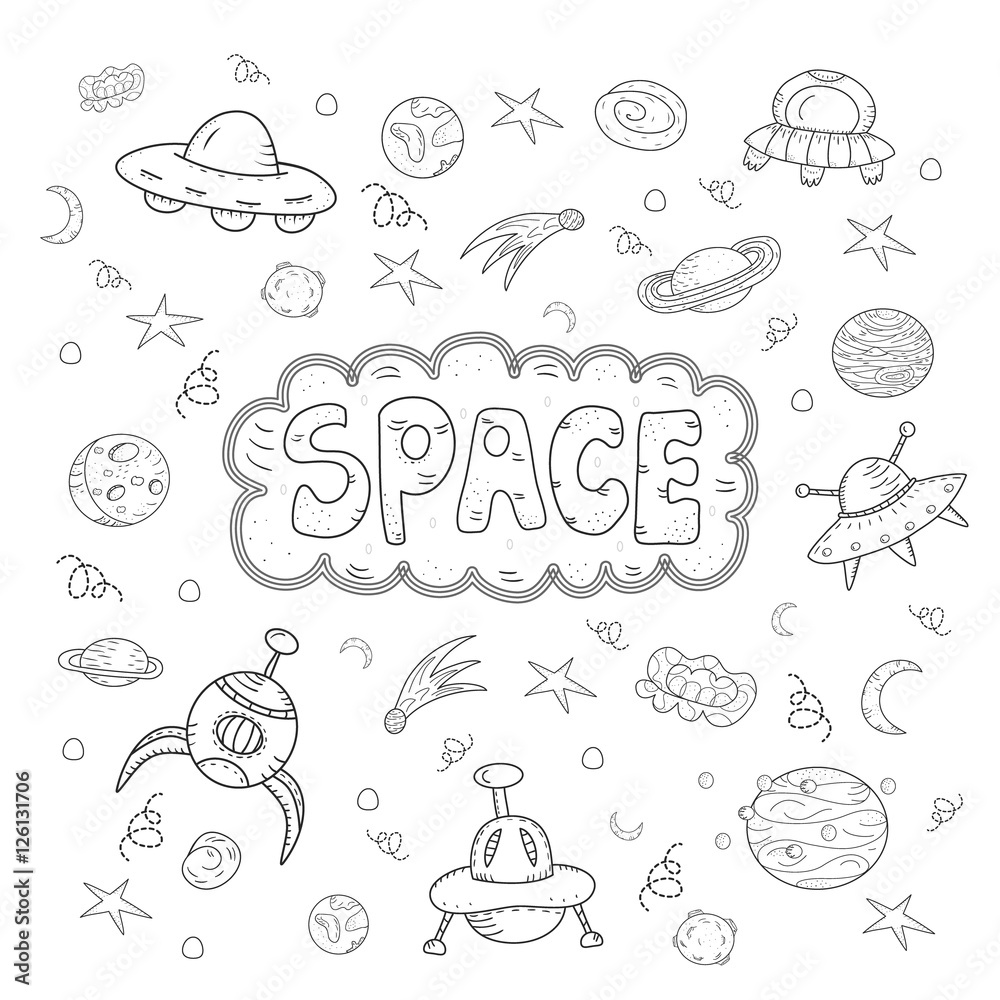 contour vector hand drawn doodles cartoon set of Space objects and ...