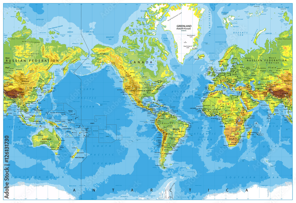 America Centered Physical World Map Stock Vector | Adobe Stock