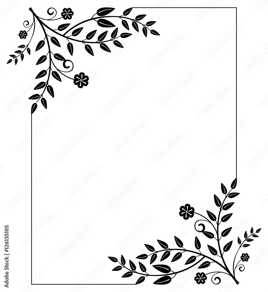 Black and white frame with floral silhouettes. Copy space. Vector clip ...