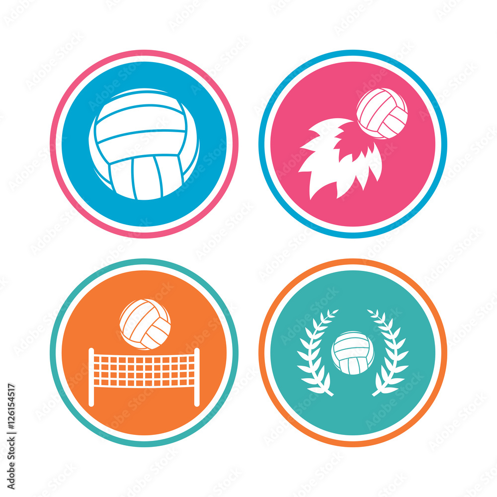 Volleyball and net icons. Winner award laurel wreath symbols. Fireball ...
